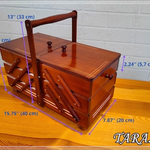 Big Brown Sewing Box, Wood Storage Box for Sewing Kit, Fold Out Box for ...