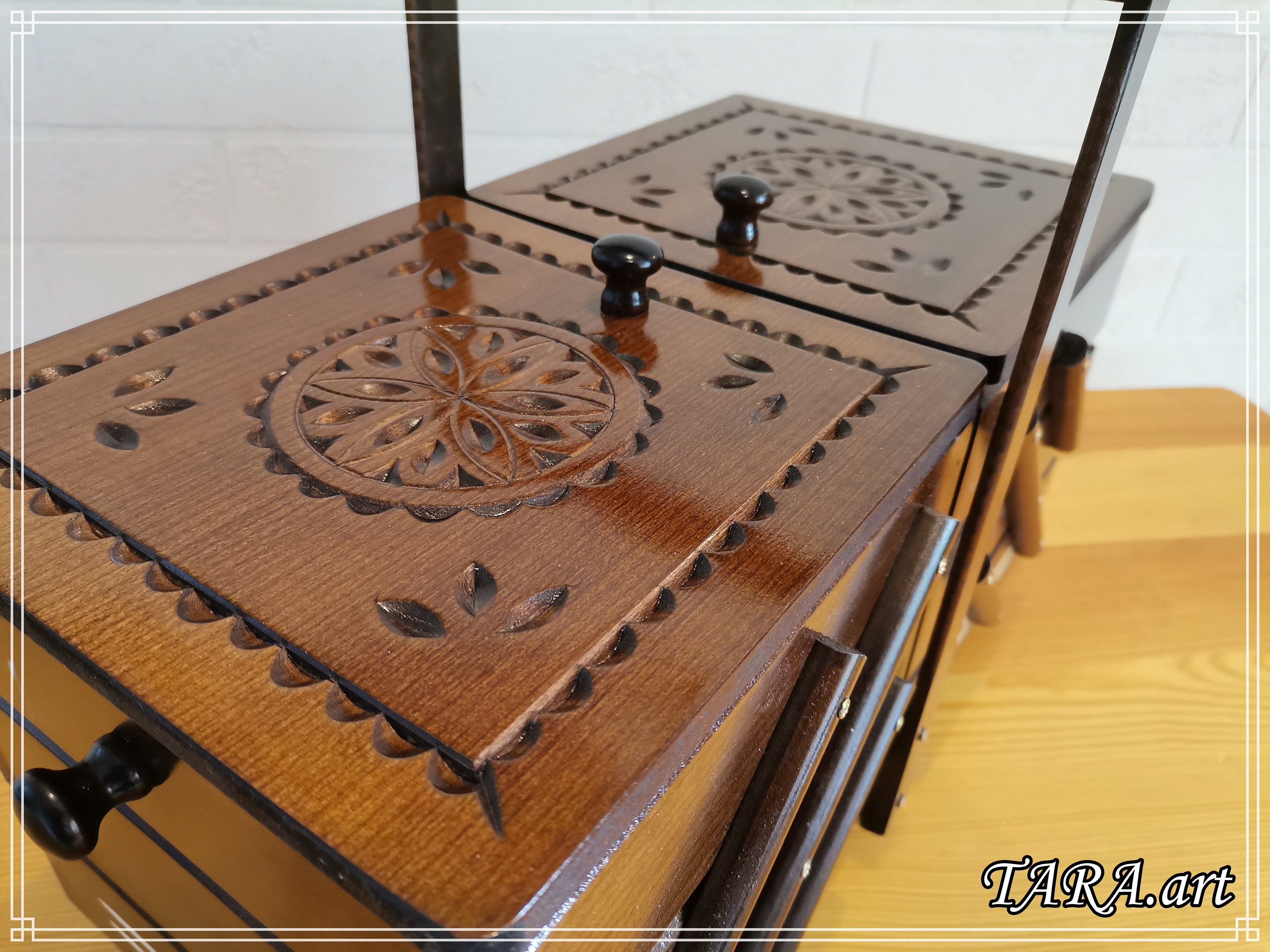 Brown Sewing Box Wood Storage Box for Sewing Kit Fold Out | Etsy