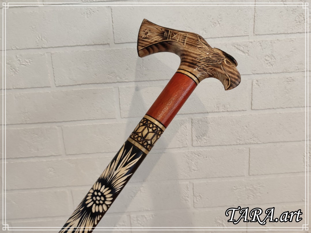 Wooden Walking Stick With Hand Carved Eagle's Head, Decorative Wooden ...
