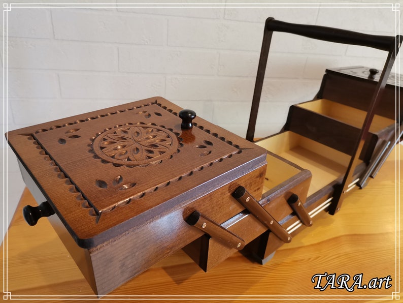 Brown Sewing Box Wood Storage Box for Sewing Kit Fold Out | Etsy