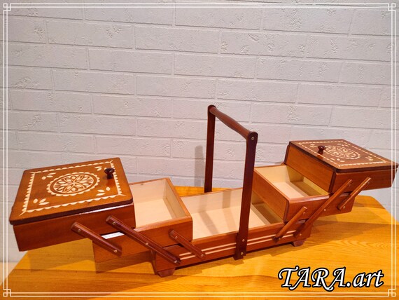 Brown Sewing Box Wood Storage Box for Sewing Kit Fold Out - Etsy