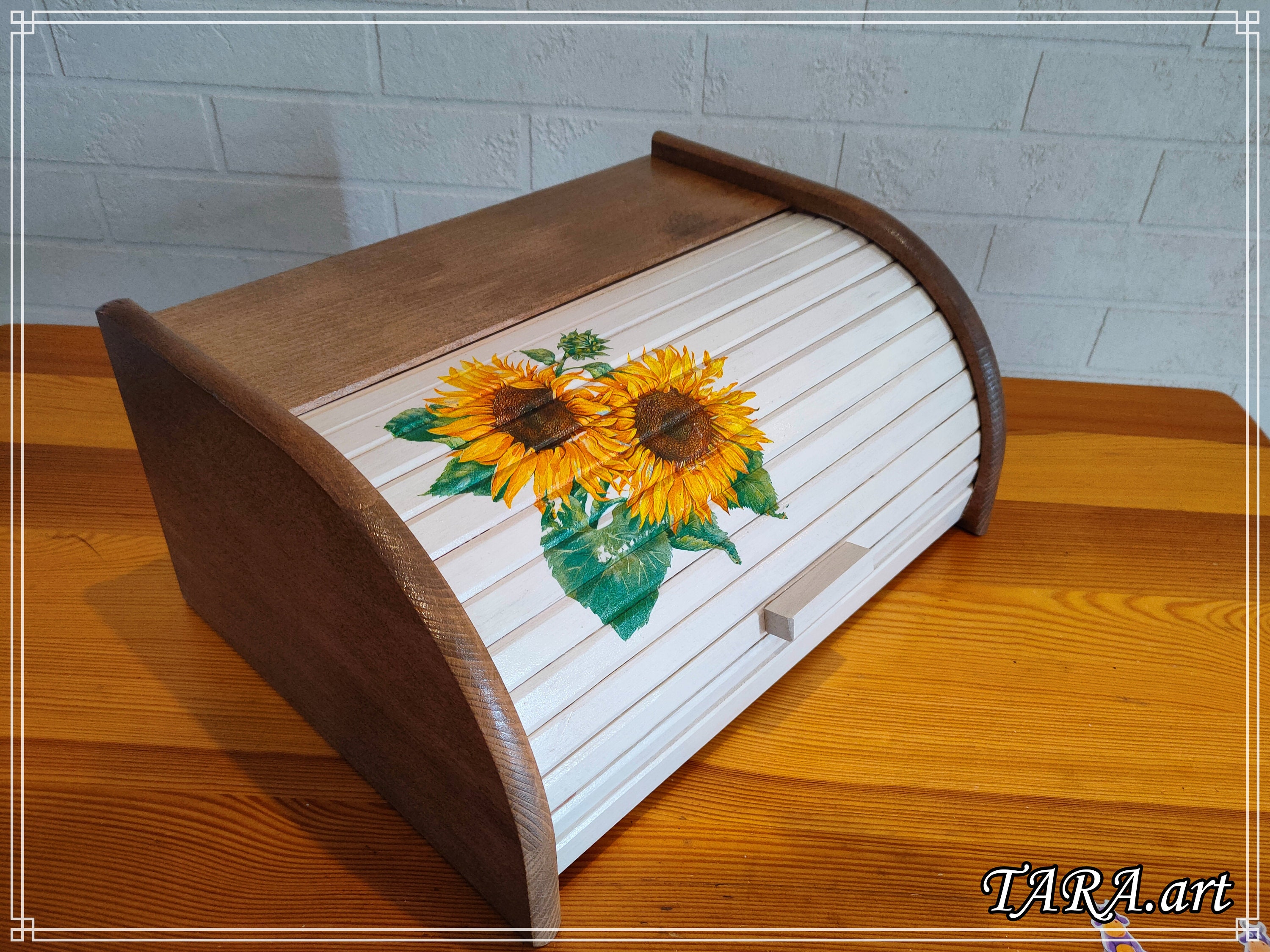 Wooden bread bin with sunflowers bread box from wood vintage | Etsy