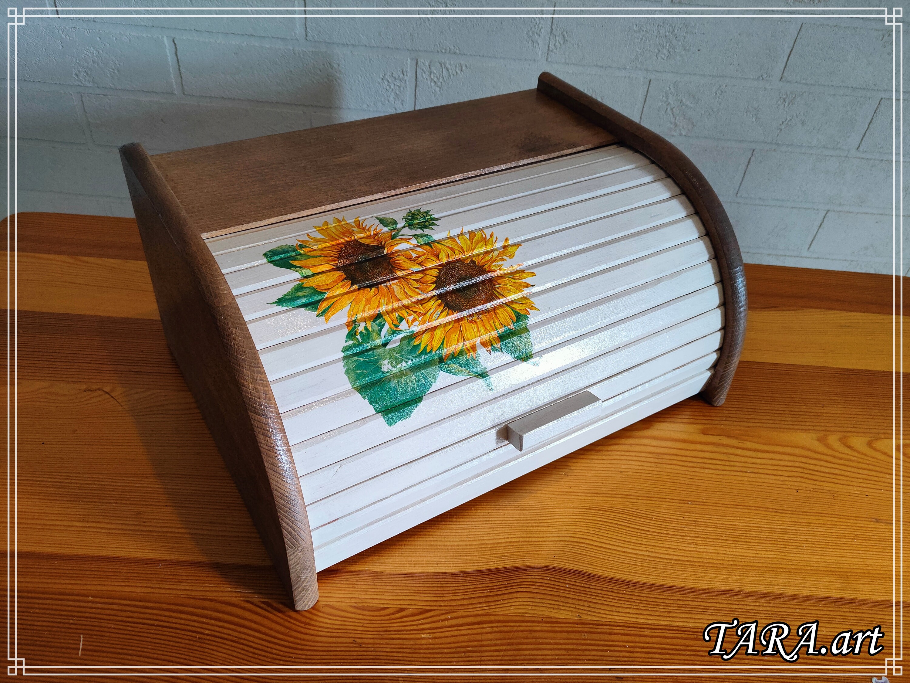 Wooden bread bin with sunflowers bread box from wood vintage | Etsy