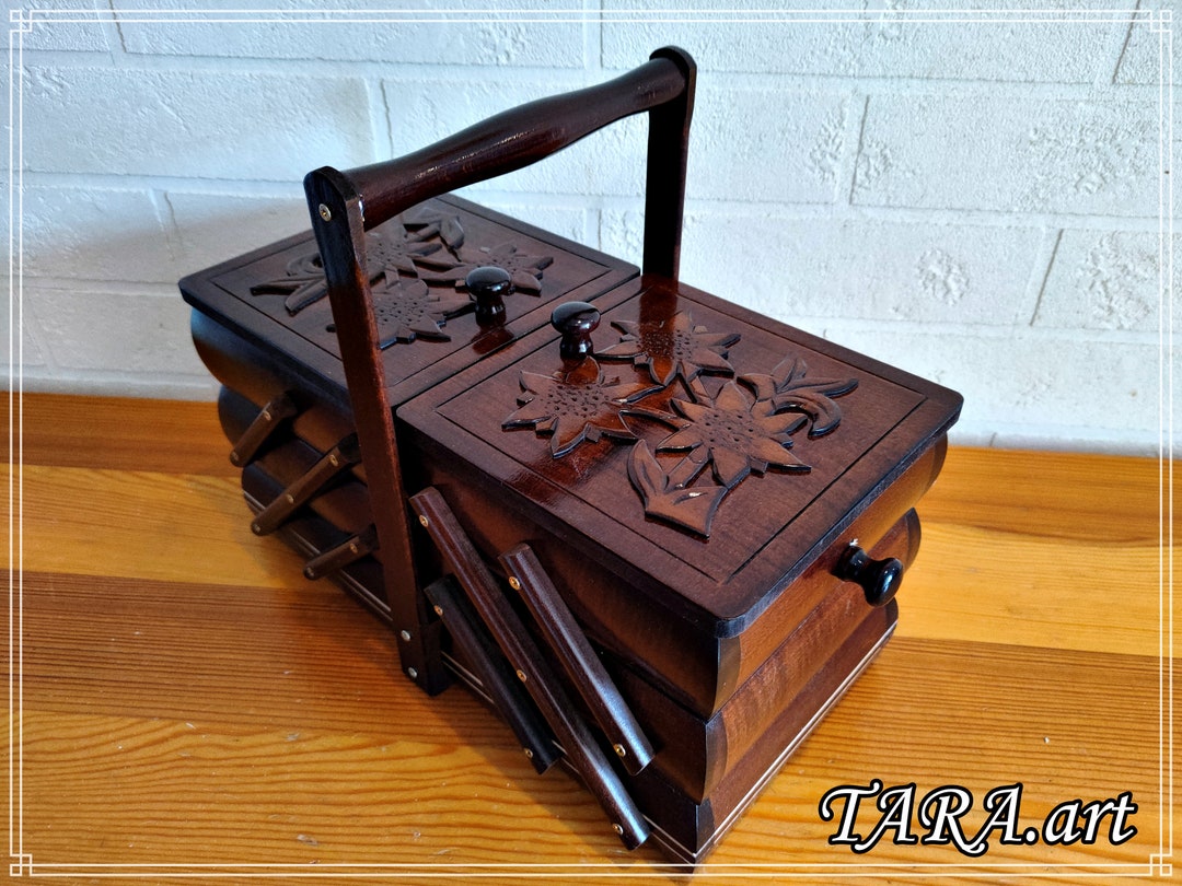 Big Sewing Box, Dark Brown Wood, Box With 3d Pattern on Lids, Accordion ...