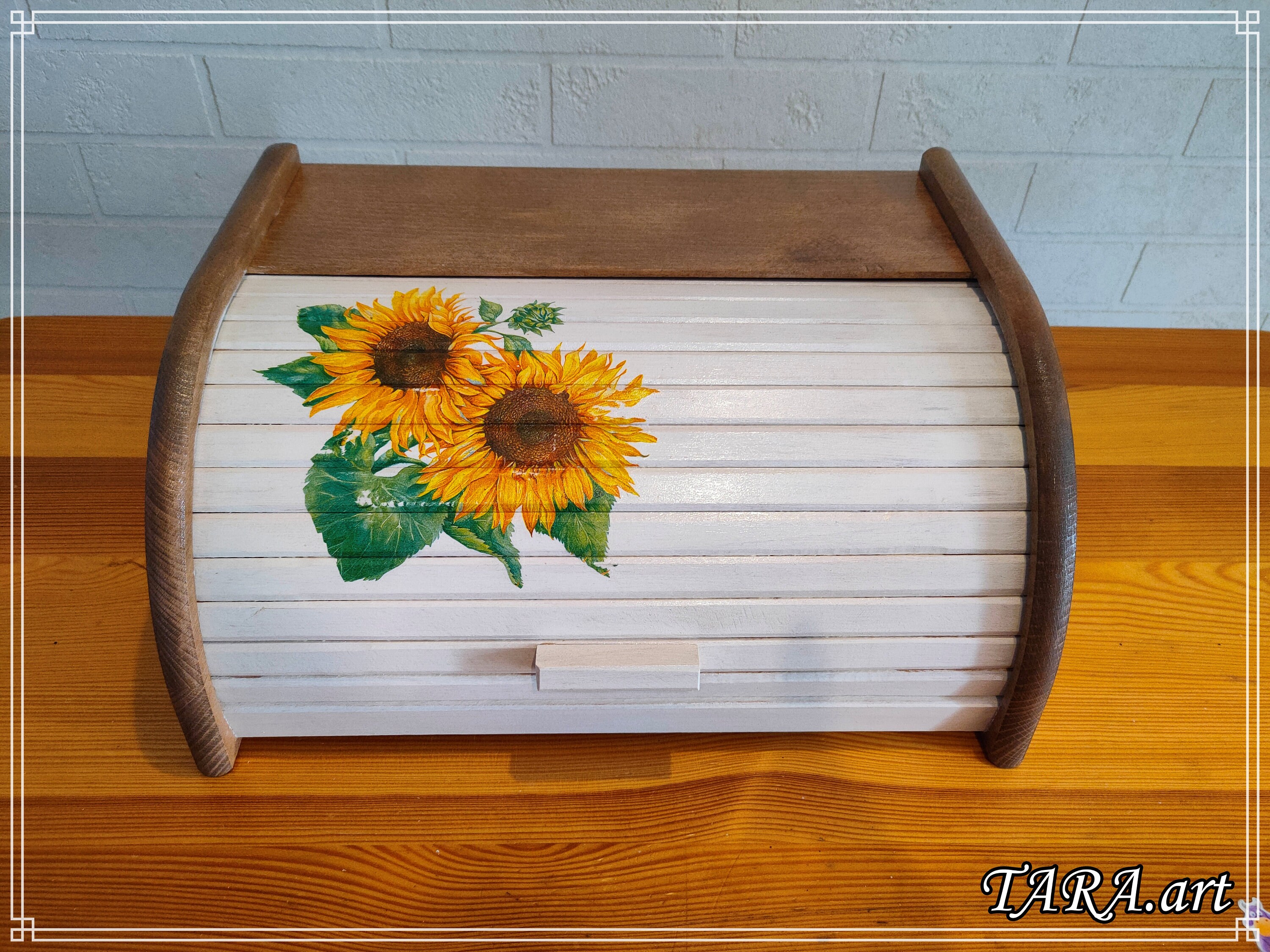 Wooden bread bin with sunflowers bread box from wood vintage | Etsy