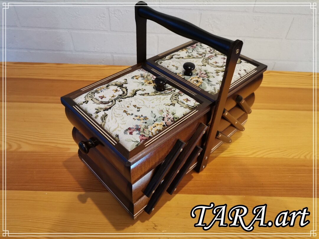 Dark Sewing Box With White Soft Material on Lids, Upholstered Box ...
