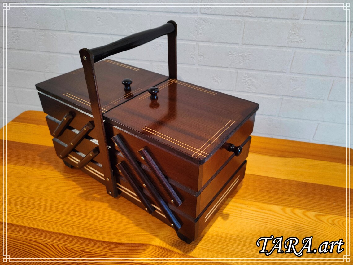 Elegant Sewing Box, Beautiful Storage Box, Dark Brown Wooden Box, Large ...