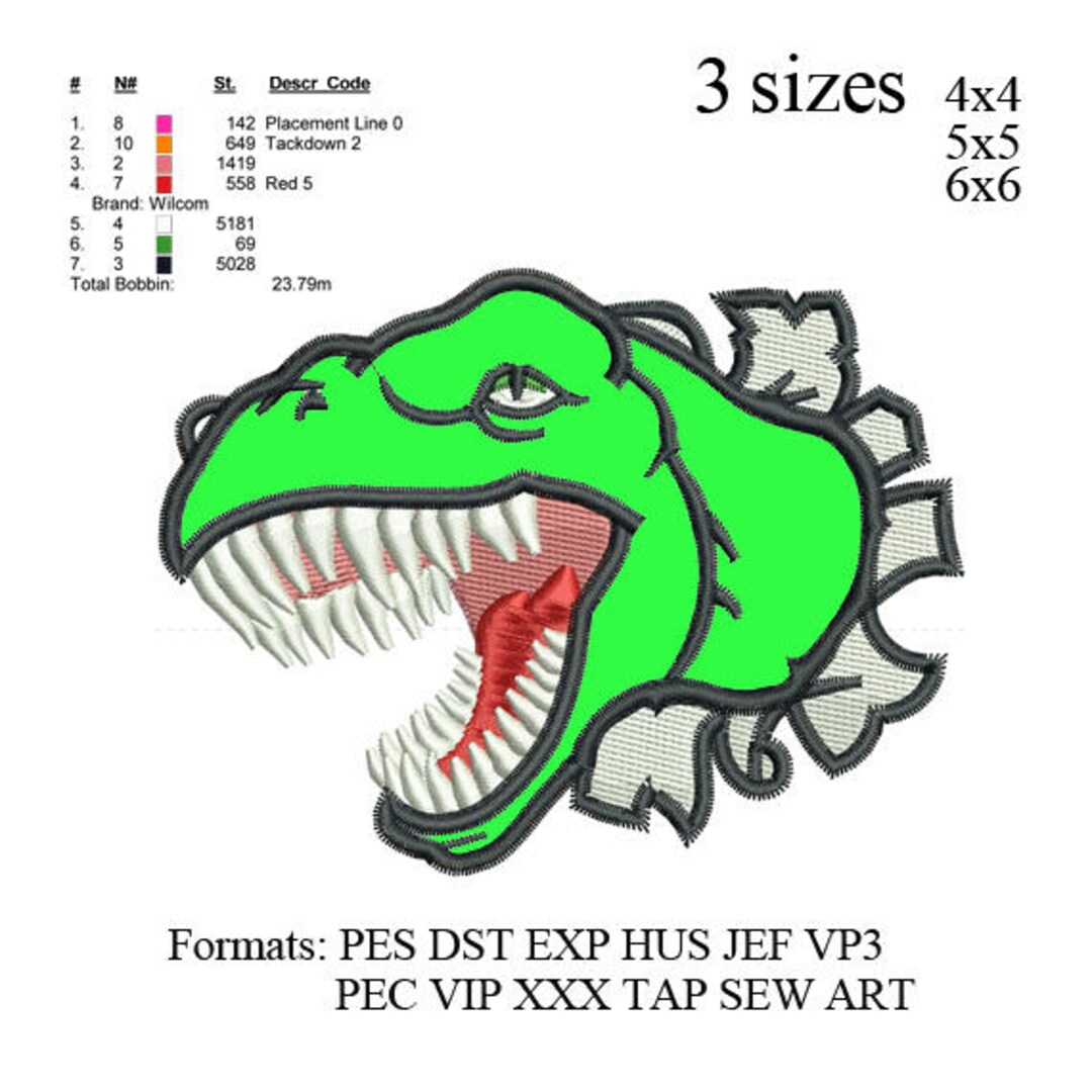 Dinosaur Applique Embroidery Design, Dinosaur Embroidery Pattern No 661 ...
