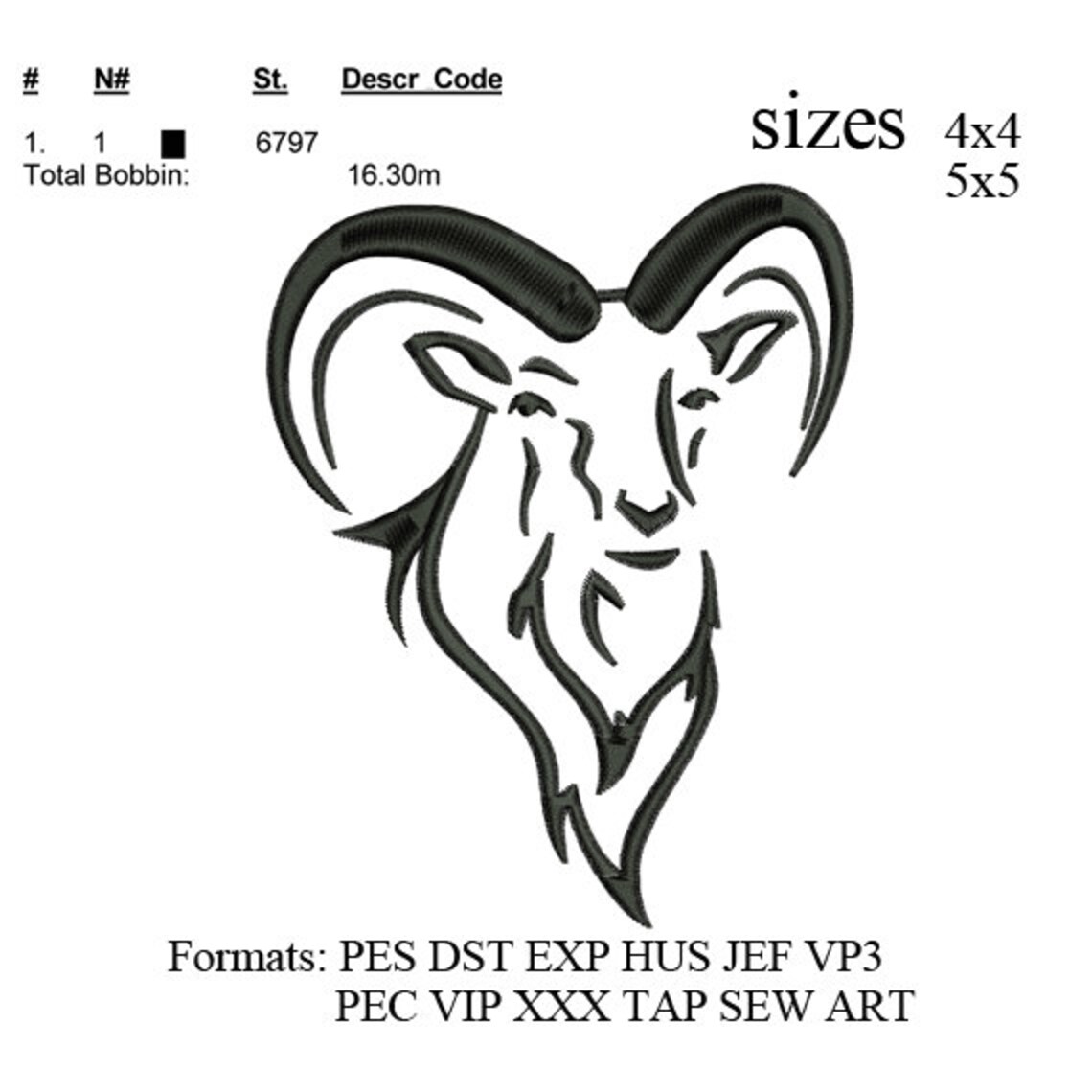 Boer goat Goat head embroidery machine . embroidery pattern | Etsy