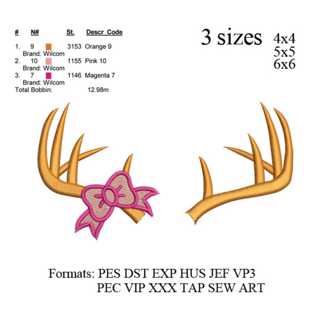 Coquette Bow Deer Antler Embroidery Design, Deer Antler With Bow ...