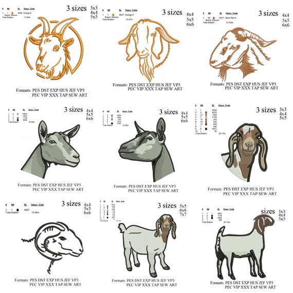 Goat Set Embroidery Designpack of 09 Embroidery Design Motif | Etsy