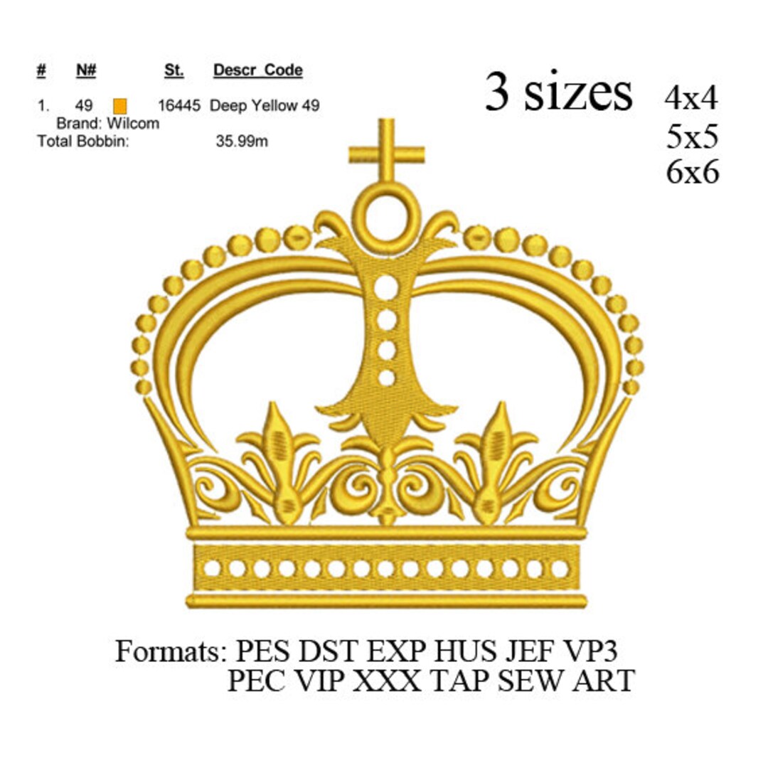Crown Embroidery Design, Crown Embroidery Pattern 3 Sizes No 744 ...