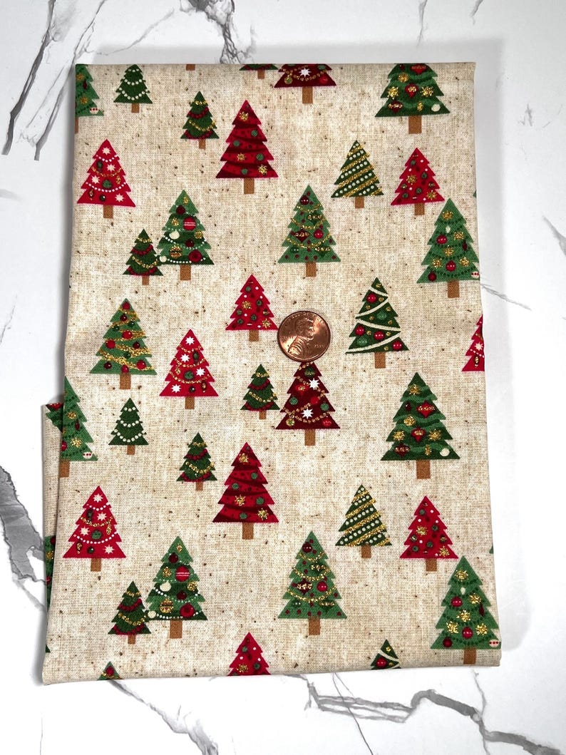 Christmas Cotton Fabric Fat Quarter: Christmas Trees, Gold Glitter - Etsy