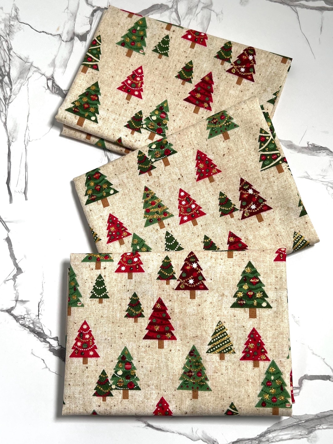 Christmas Cotton Fabric Fat Quarter: Christmas Trees, Gold Glitter - Etsy