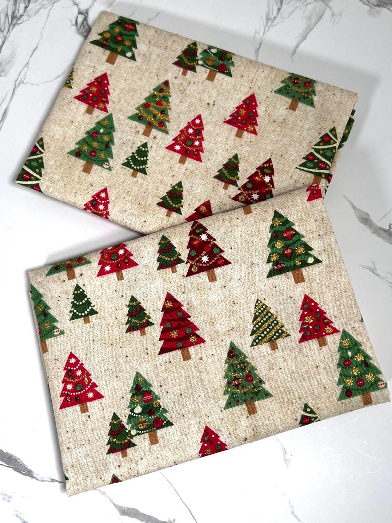 Christmas Cotton Fabric Fat Quarter: Christmas Trees, Gold Glitter - Etsy