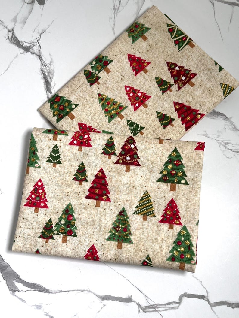 Christmas Cotton Fabric Fat Quarter: Christmas Trees, Gold Glitter - Etsy