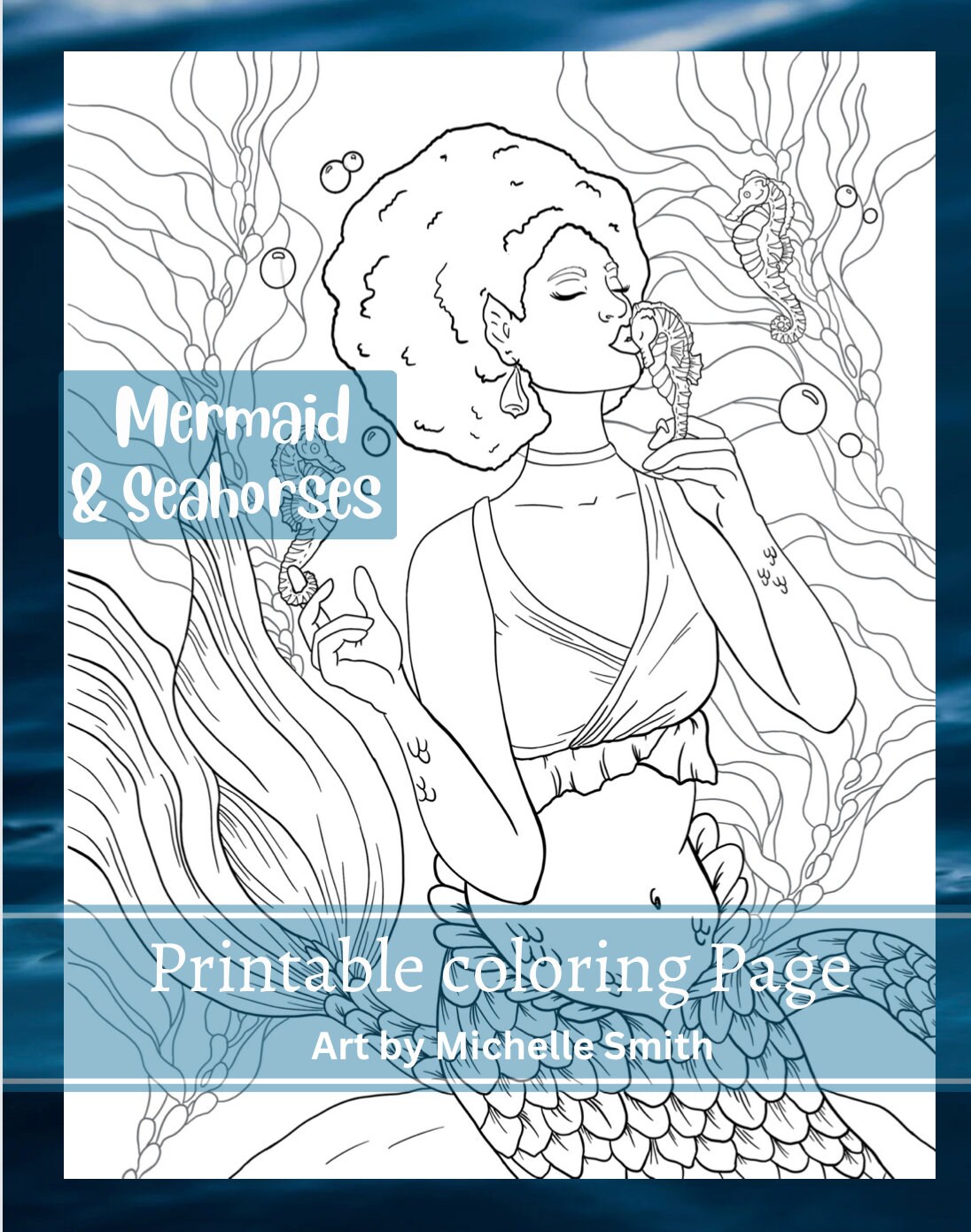 Mermaid Coloring Page, Digital Download, Afro Mermaid, Seahorses - Etsy