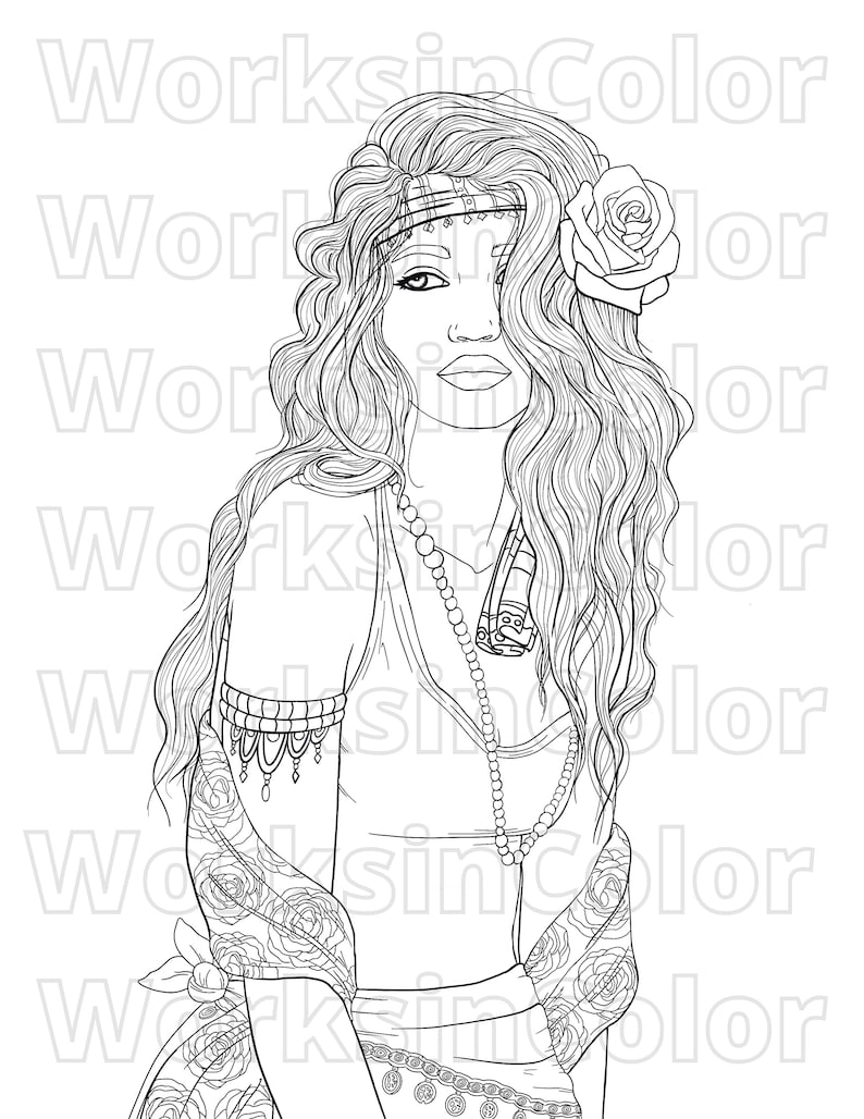 2 Printable PDF Adult Coloring Pages, Beautiful Gypsy Portrait ...