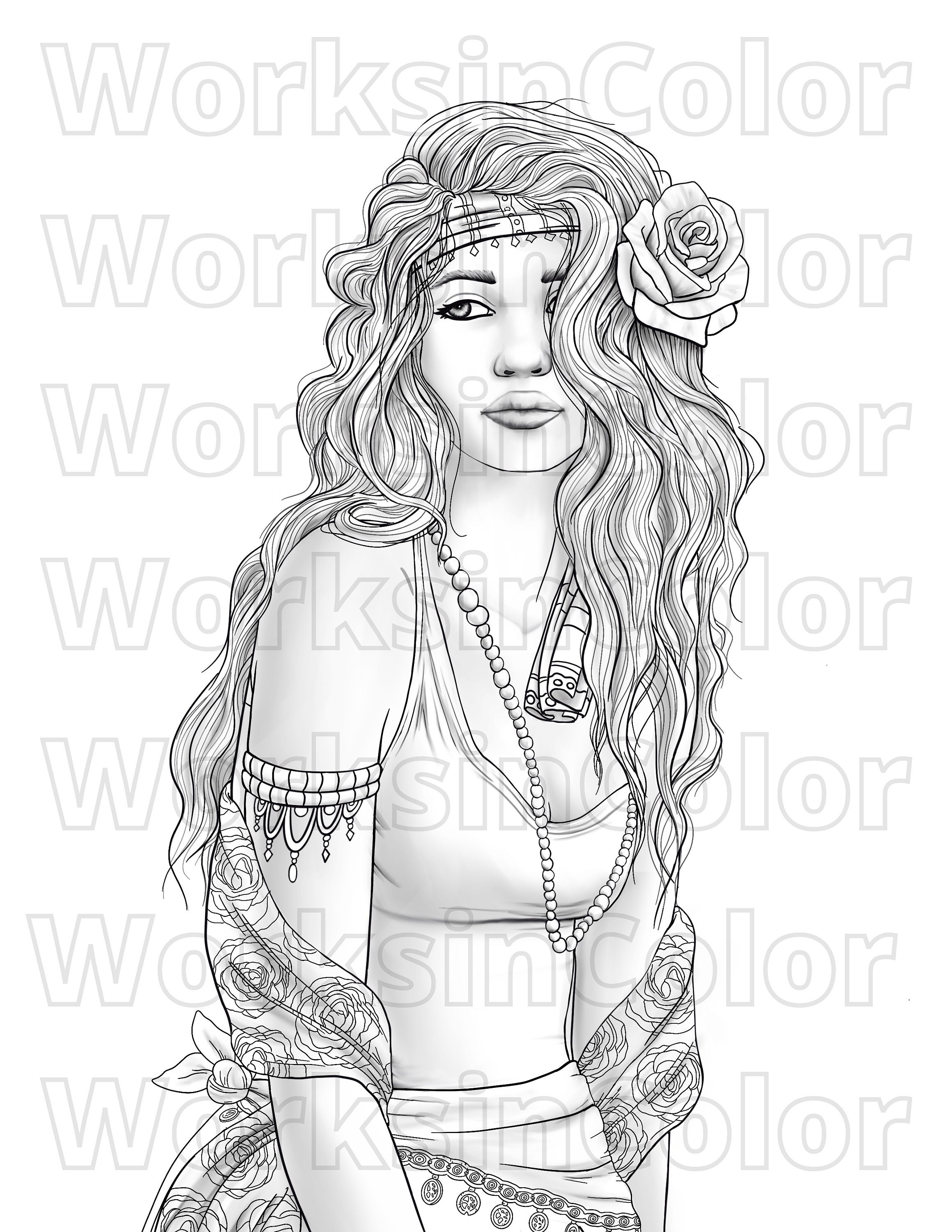 2 Printable PDF Adult Coloring Pages, Beautiful Gypsy Portrait ...