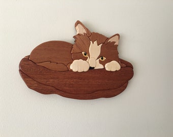 İNTARSİA CAT , Intarsia Wooden Art, Home Decor, Wall Decor, Cat, Love ...