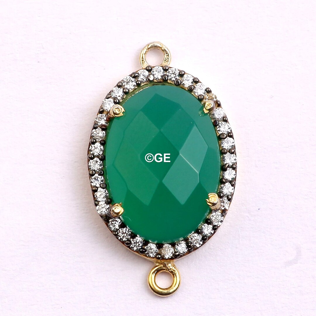 Green Onyx Oval Checker Connectors With Pave CZ Gold Plated Double Loop ...