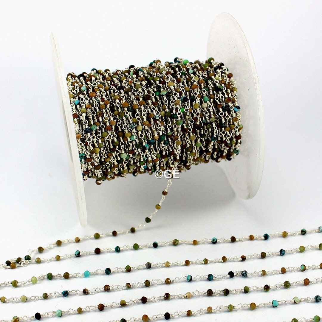 Bad Turquoise Wire Wrapped Rosary Beaded Chain, 2mm Bad Turquoise ...
