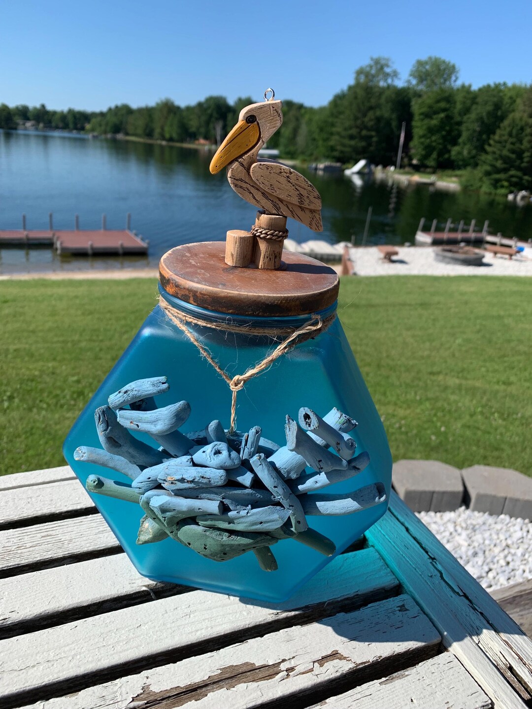 Beautiful Sea Glass Jar With Blue Crab and Pelican 13”x8”x4” Beach ...