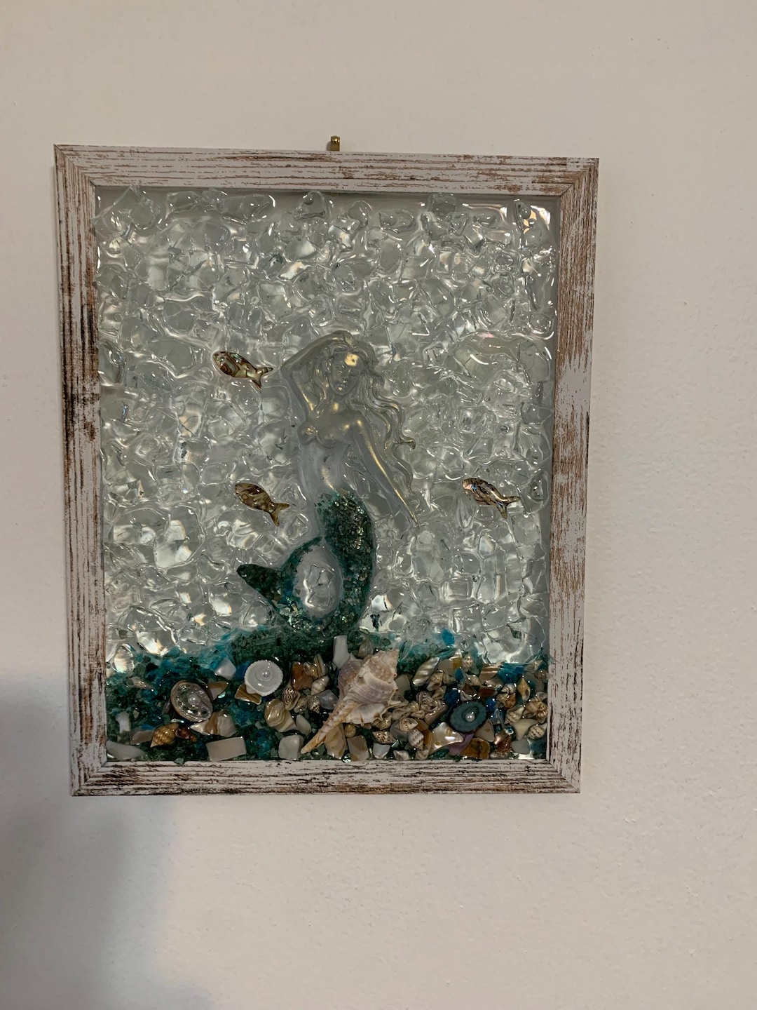 Metmaid Swimming in Ocean Glass Resin Art 11”x9” Picture Nautical Beach ...