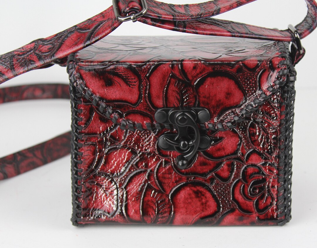 Red and Black Floral Embossed Leather Box Bag With Pouch - Etsy