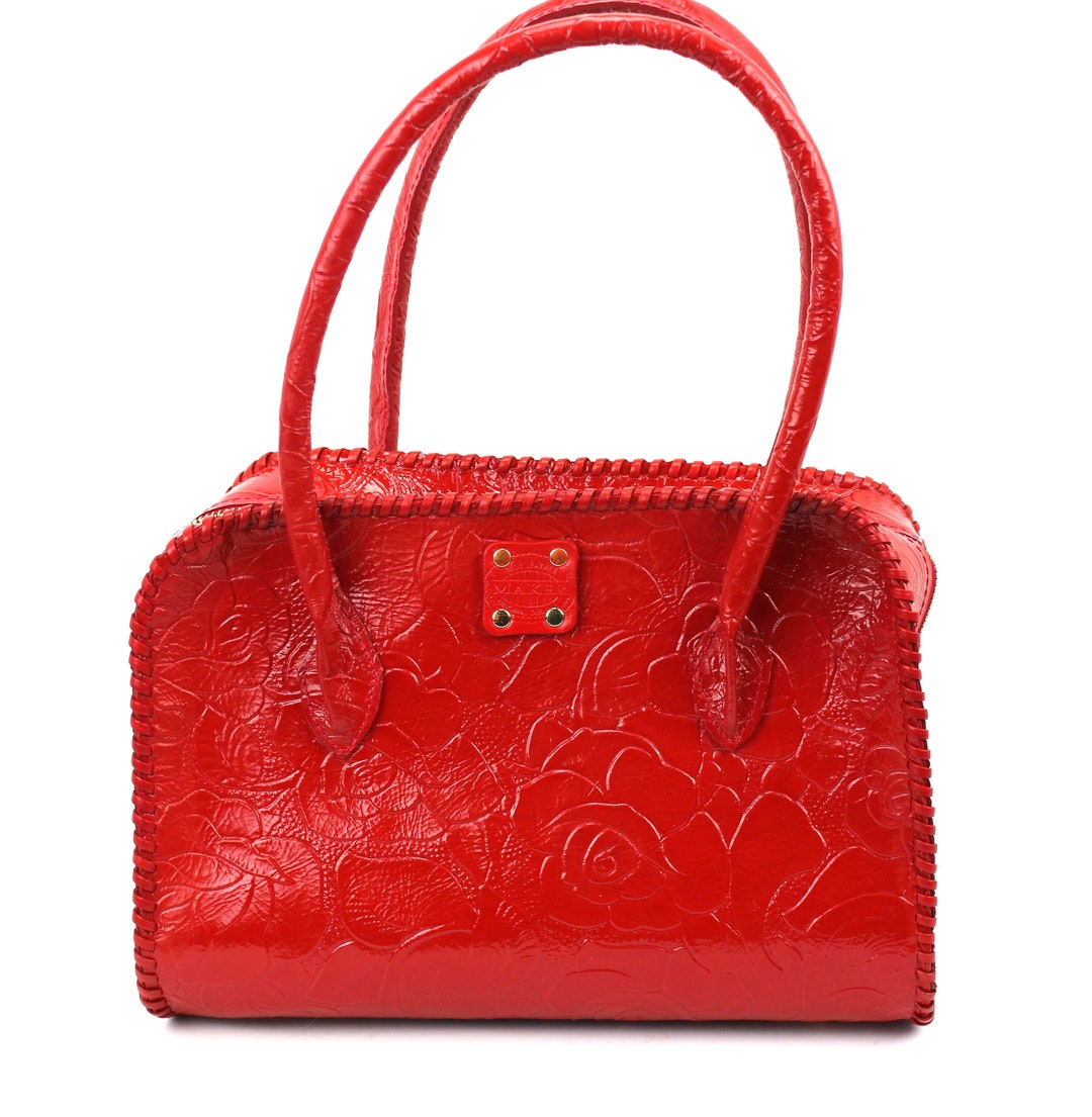 Handmade Ferrari Red Leather Floral Embossed Handbag - Etsy