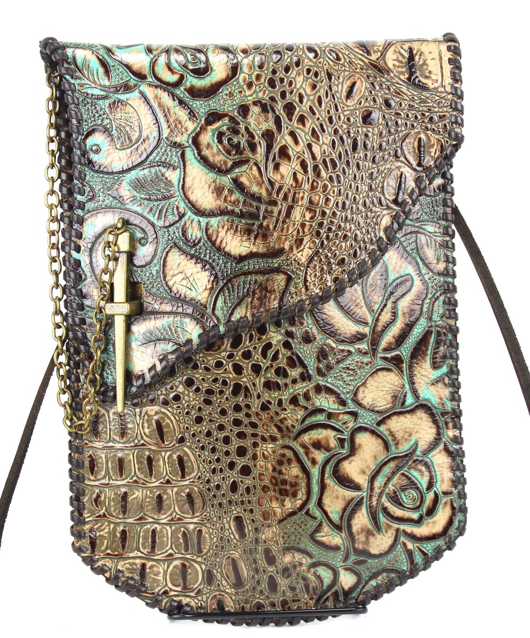 Turquoise and Brown Floral & Gator Embossed Leather Crossbody Pouch - Etsy
