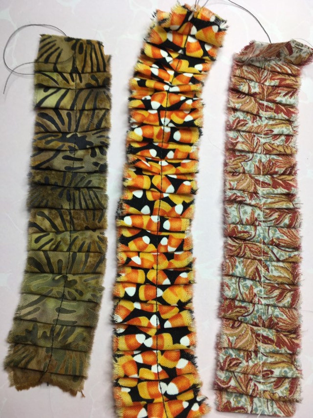 Hand Frayed Ruffled Fabric Trim Strips Moss Batik Candy Corn Fall ...