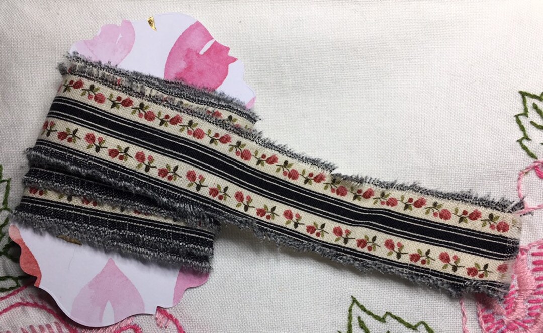Hand Frayed Stripes & Roses Fabric Trim: Junk Journal, Collage, Sewing ...
