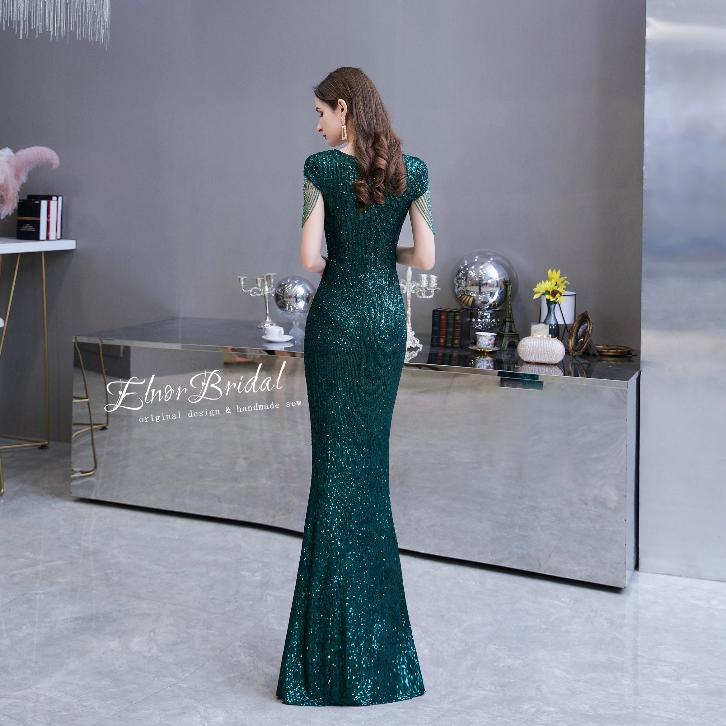 Emerald Green Mermaid Prom Dressessexy V Neck Sequins Formal - Etsy