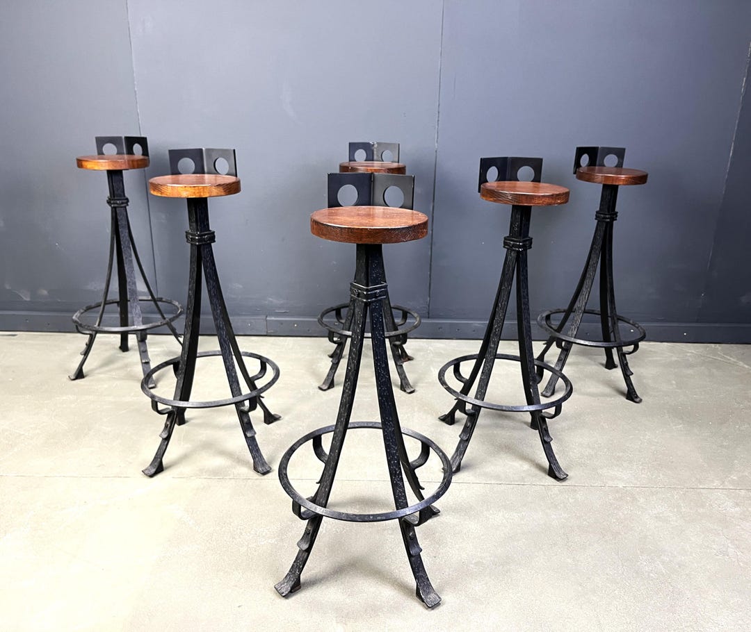 Vintage Brutalist Wrought Iron Bar Stools, 1970s - Set of 6 - Mid Century Bar Stools - Metal Bar ...