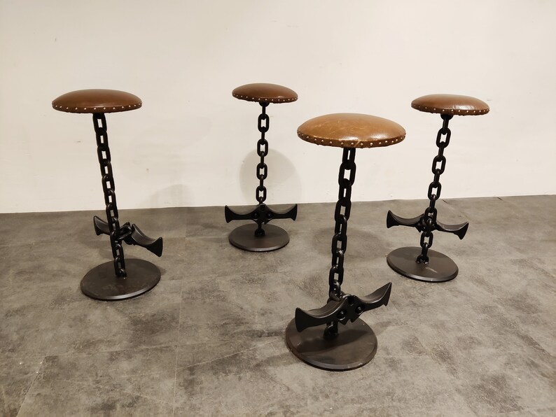 Chain Link Brutalist Bar Stools 1970s Vintage Leather Bar - Etsy