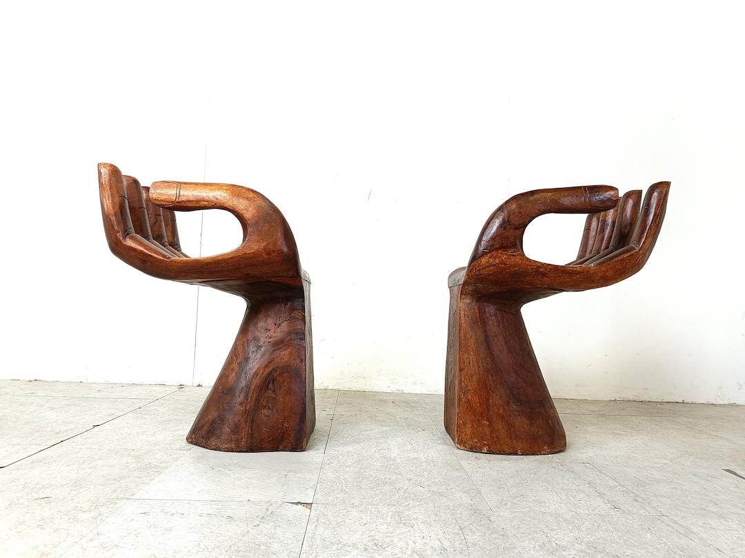 Pair of Teak Hand Shaped Chairs, 1970s Vintage Wooden Hand Chairs Mid ...
