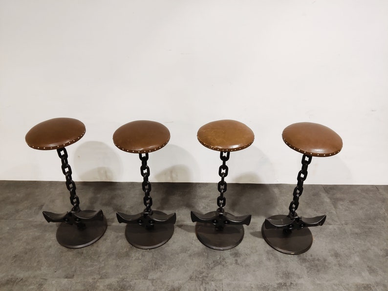 Chain Link Brutalist Bar Stools 1970s Vintage Leather Bar - Etsy