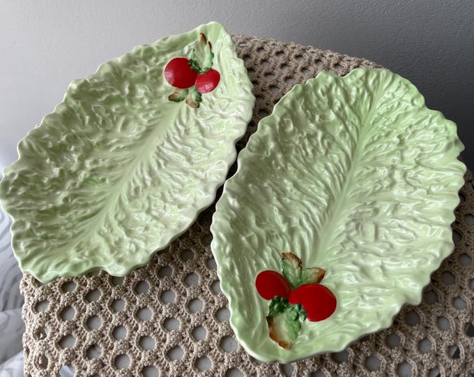 Antique Green Carlton Ware Glazed Dishes Two England Lettuce Leaf With ...