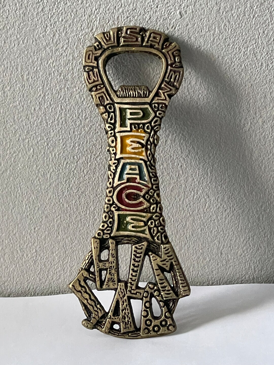 Vintage Brass and Enamel Souvenir Bottle Opener Jerusalem Shalom Piece ...