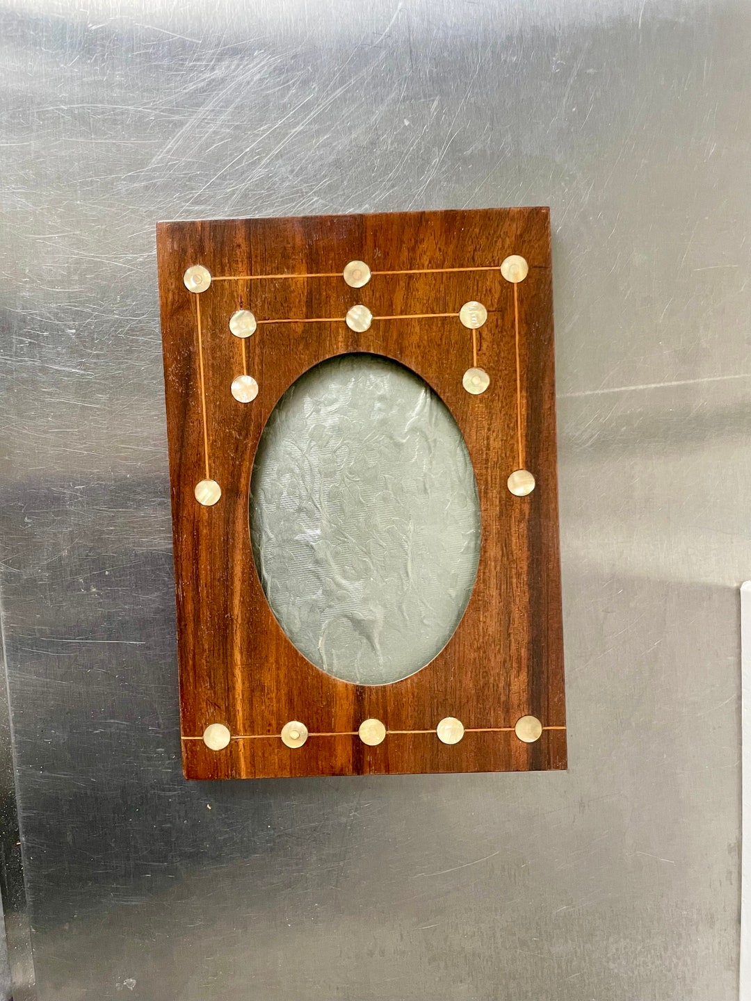 Antique Wood & Mother of Pearl Picture Frame With Intarsia Convex Glass ...