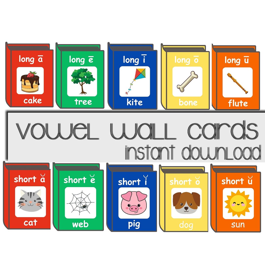 Long and Short Vowel Wall Cards JPG and PDF Downloadable File. - Etsy