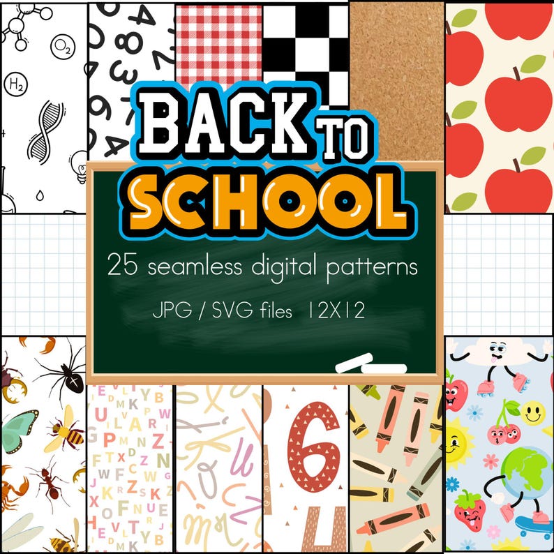 Back to School Seamless Patterns, JPG & SVG Digital Paper Pack, Back to School, Seamless Pattern ...
