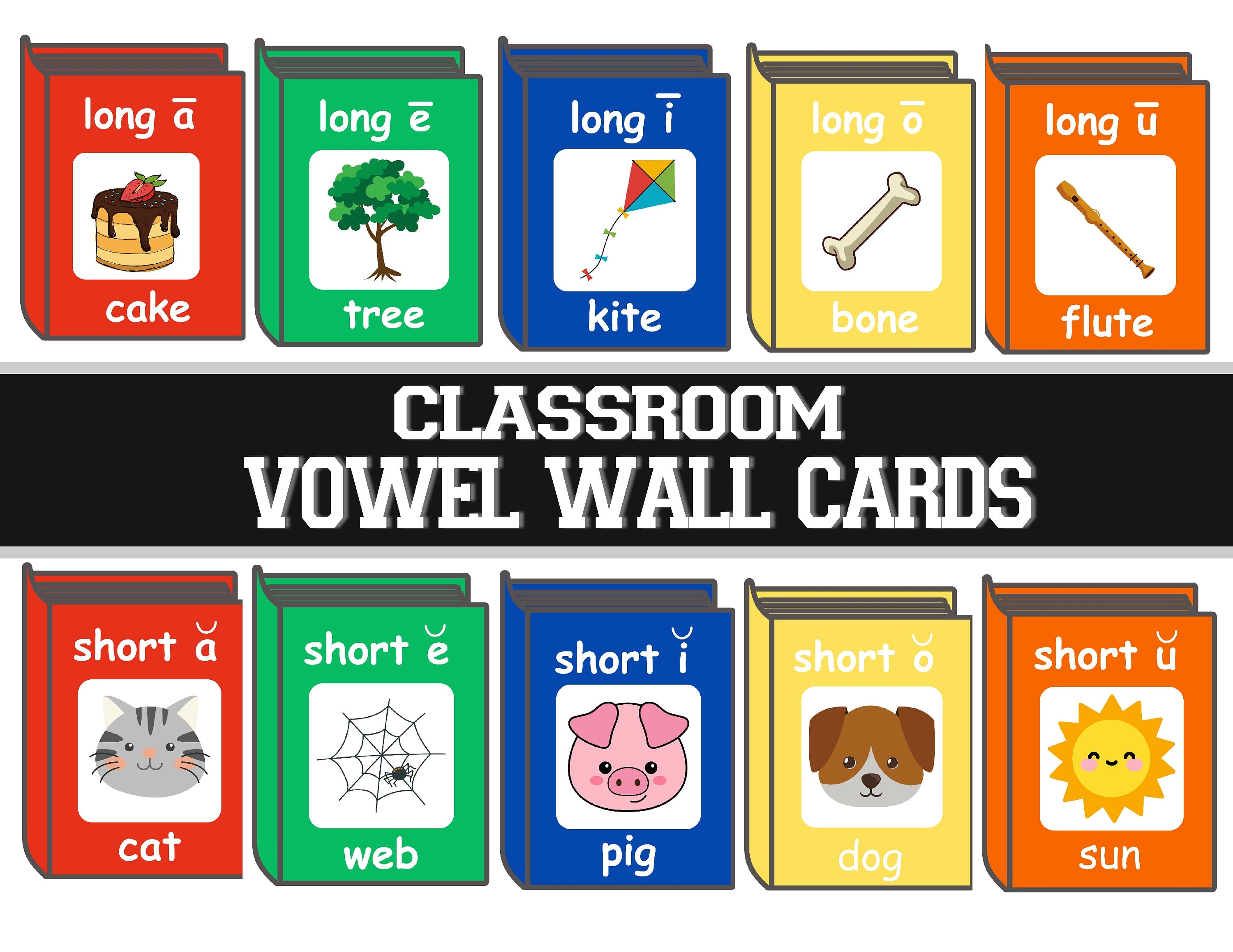 Long and Short Vowel Wall Cards JPG and PDF Downloadable File. Phonics ...