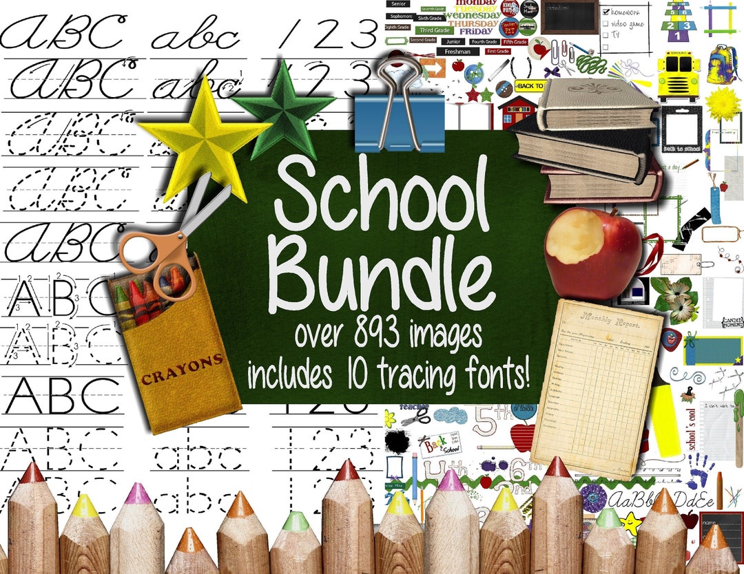 Digital School Bundle! Over 893 Images, 10 Tracing Fonts, Clip Art ...
