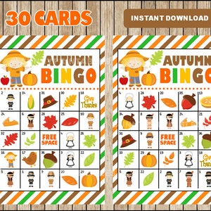 Printable 30 Fall Autumn Bingo Cards; Printable Harvest Bingo Game ...