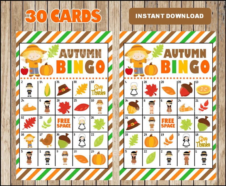 Printable 30 Fall Autumn Bingo Cards; Printable Harvest Bingo Game ...