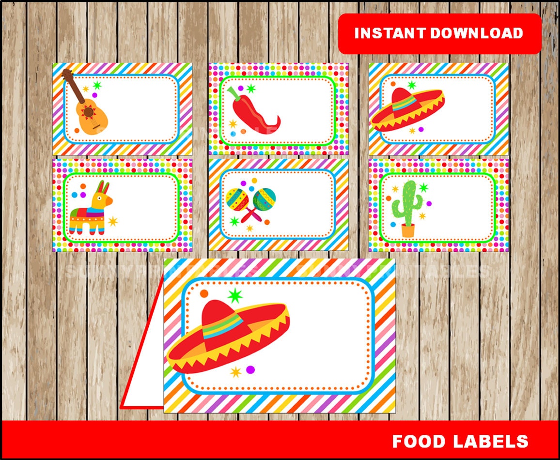 Mexican Fiesta Food Labels; Printable Mexican Fiesta Tent Cards, Cinco ...