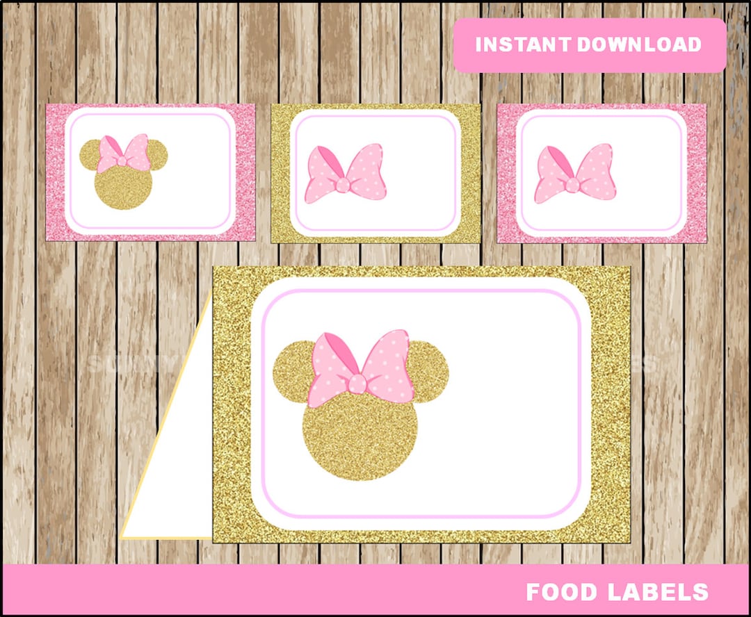 Pink and Gold Minnie Mouse Food Labels; Printable Minnie Pink and Gold ...
