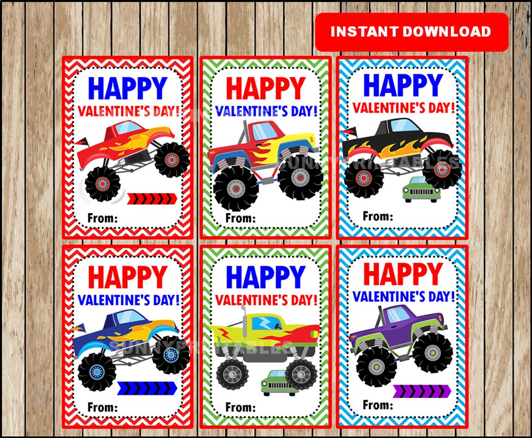 Monster Trucks Valentine's Day Cards, Kids Printable Valentine's Cards ...